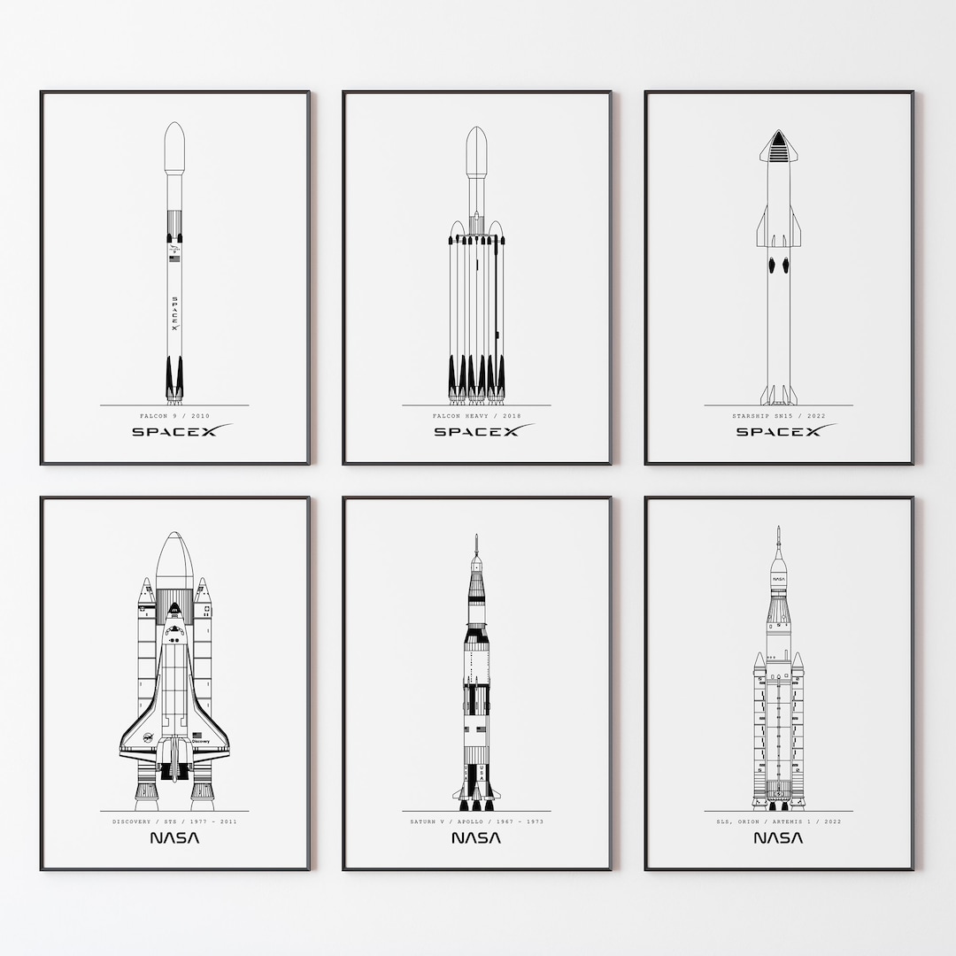 NASA and Spacx Blueprint Poster, Set of 6, Minimalist Space Wall Art ...