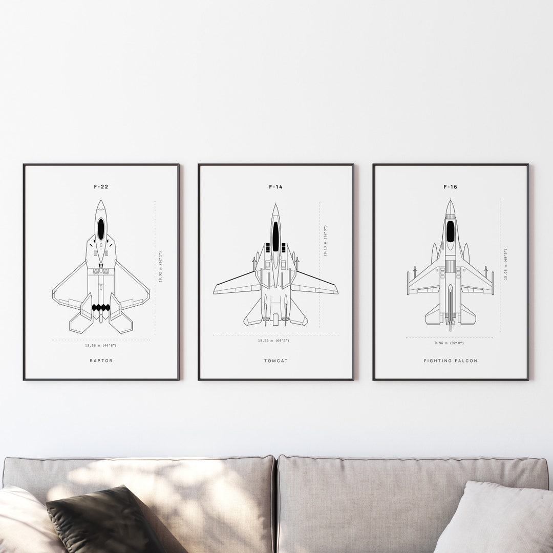 Fighter Jet Poster, Set of 3 Wall Art, Fighter Jet Blueprint Wall Art ...