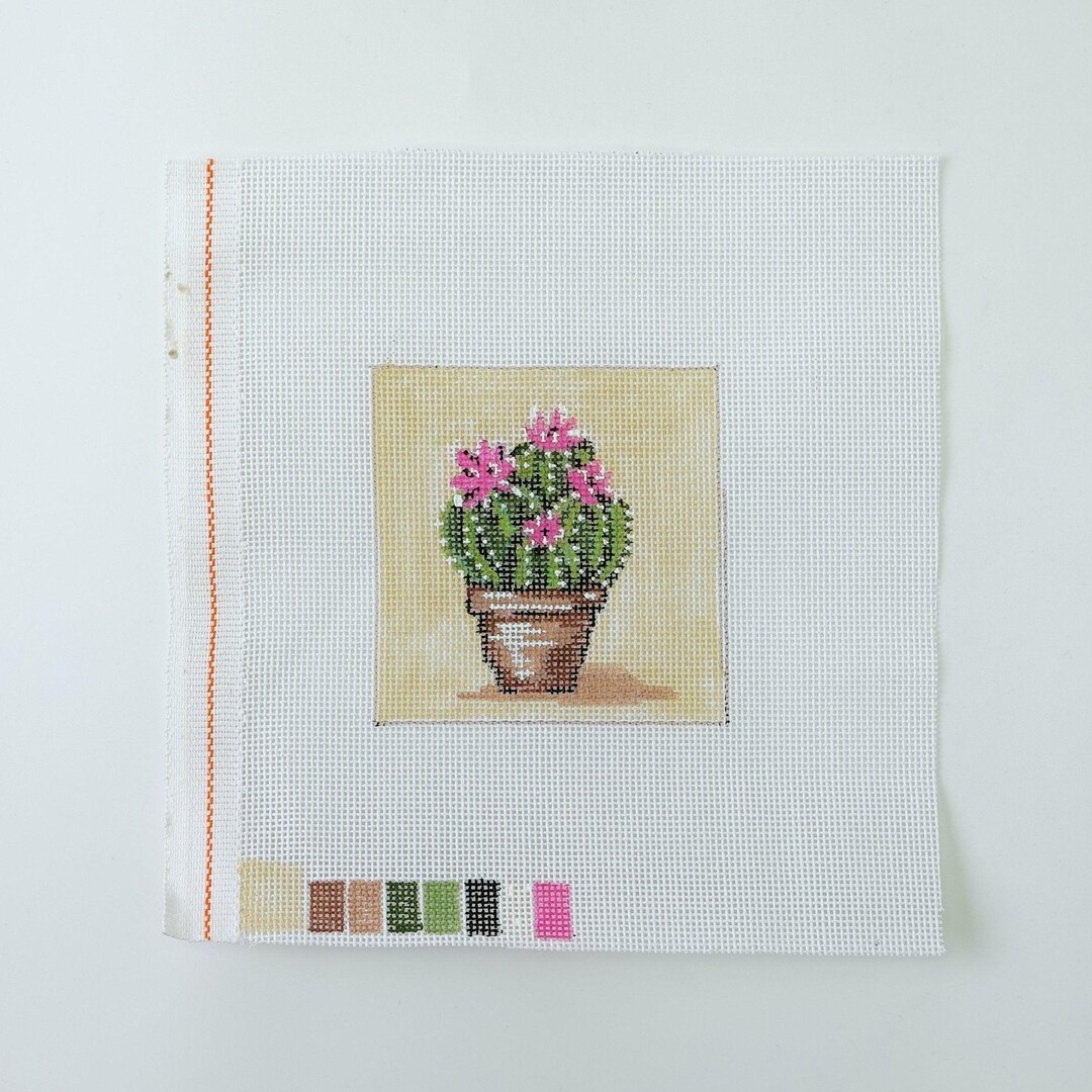 Baby Cactus With Pink Flowers - Hand Painted Needlepoint Canvas - Etsy