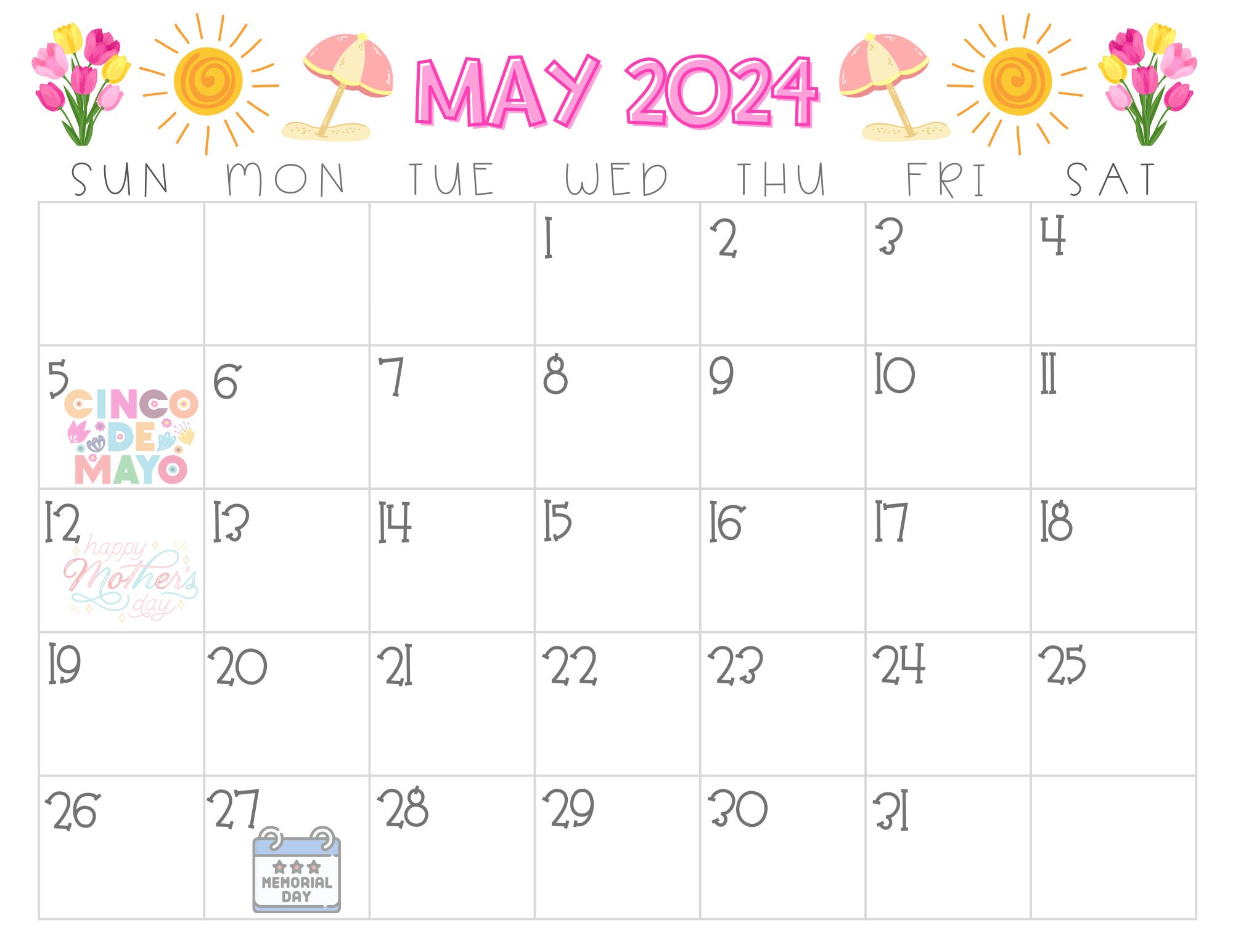 May 2024 Calendar With US Holidays - Etsy
