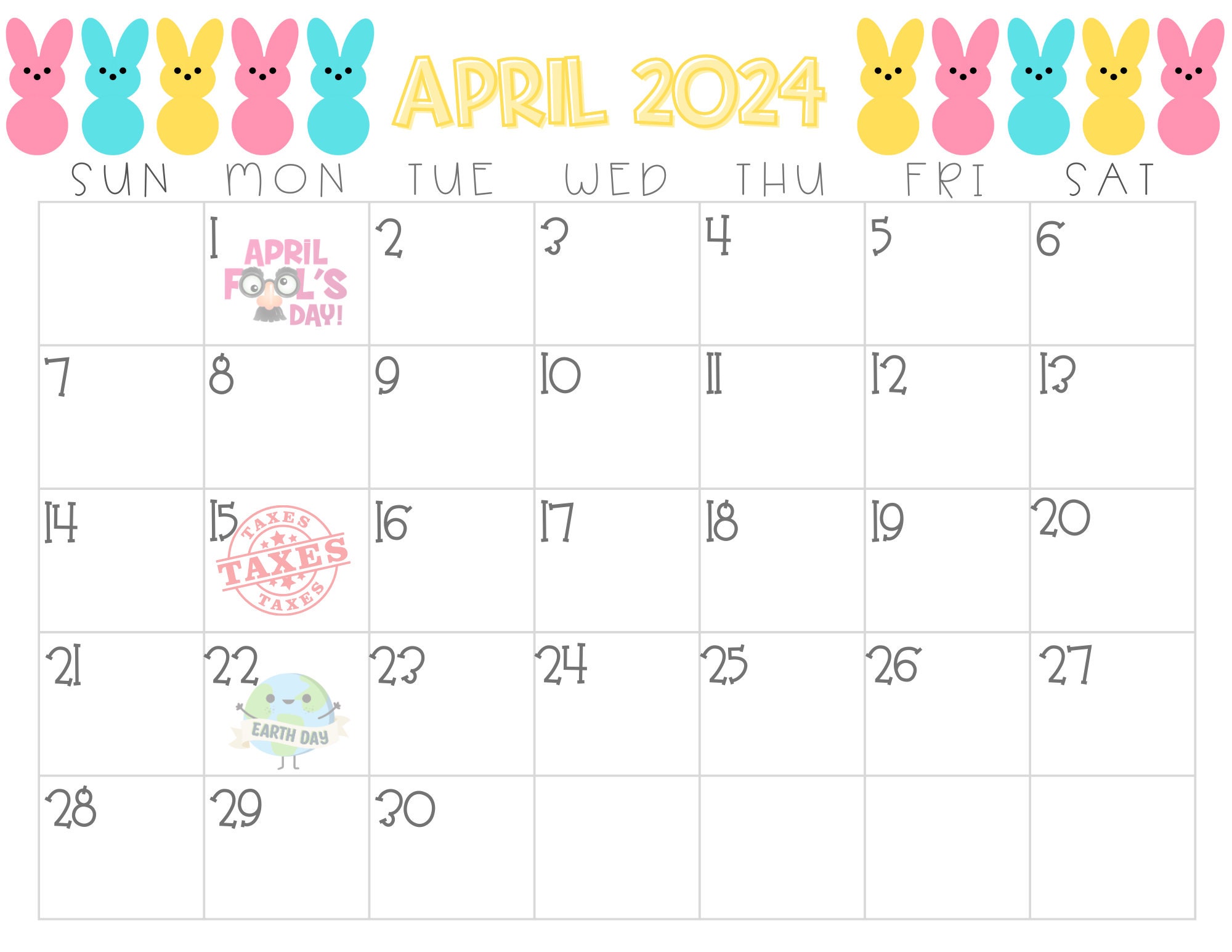 April 2024 Calendar With US Holidays - Etsy