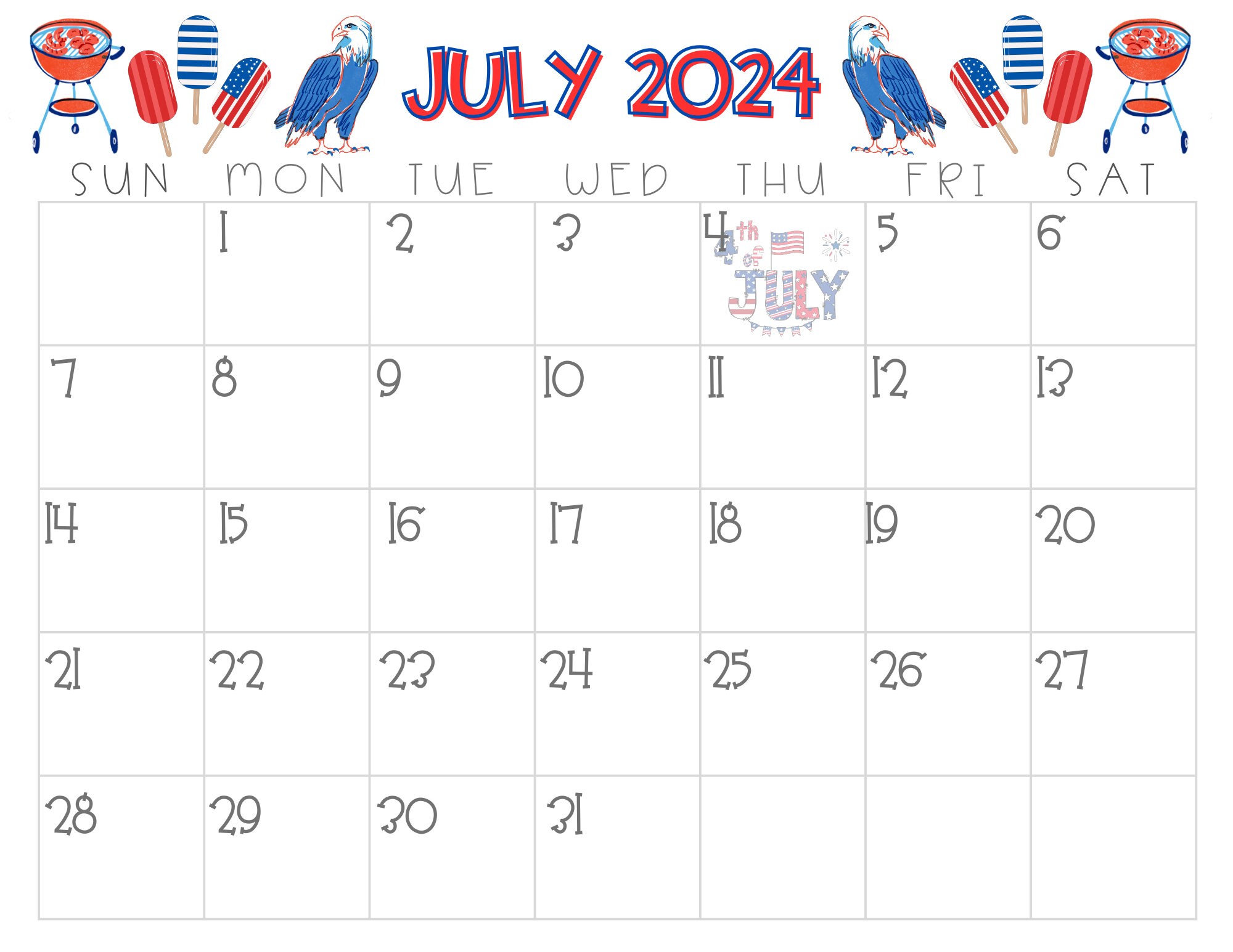 July 2024 Calendar With US Holidays - Etsy