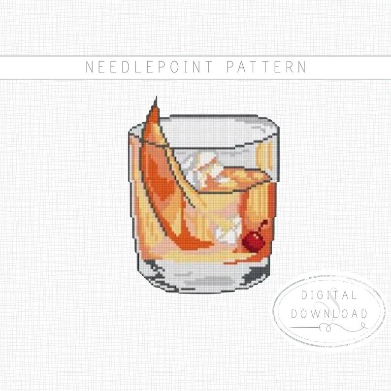 Cocktail Cross Stitch Pattern, Modern Bar Cart Decor, Old Fashion ...