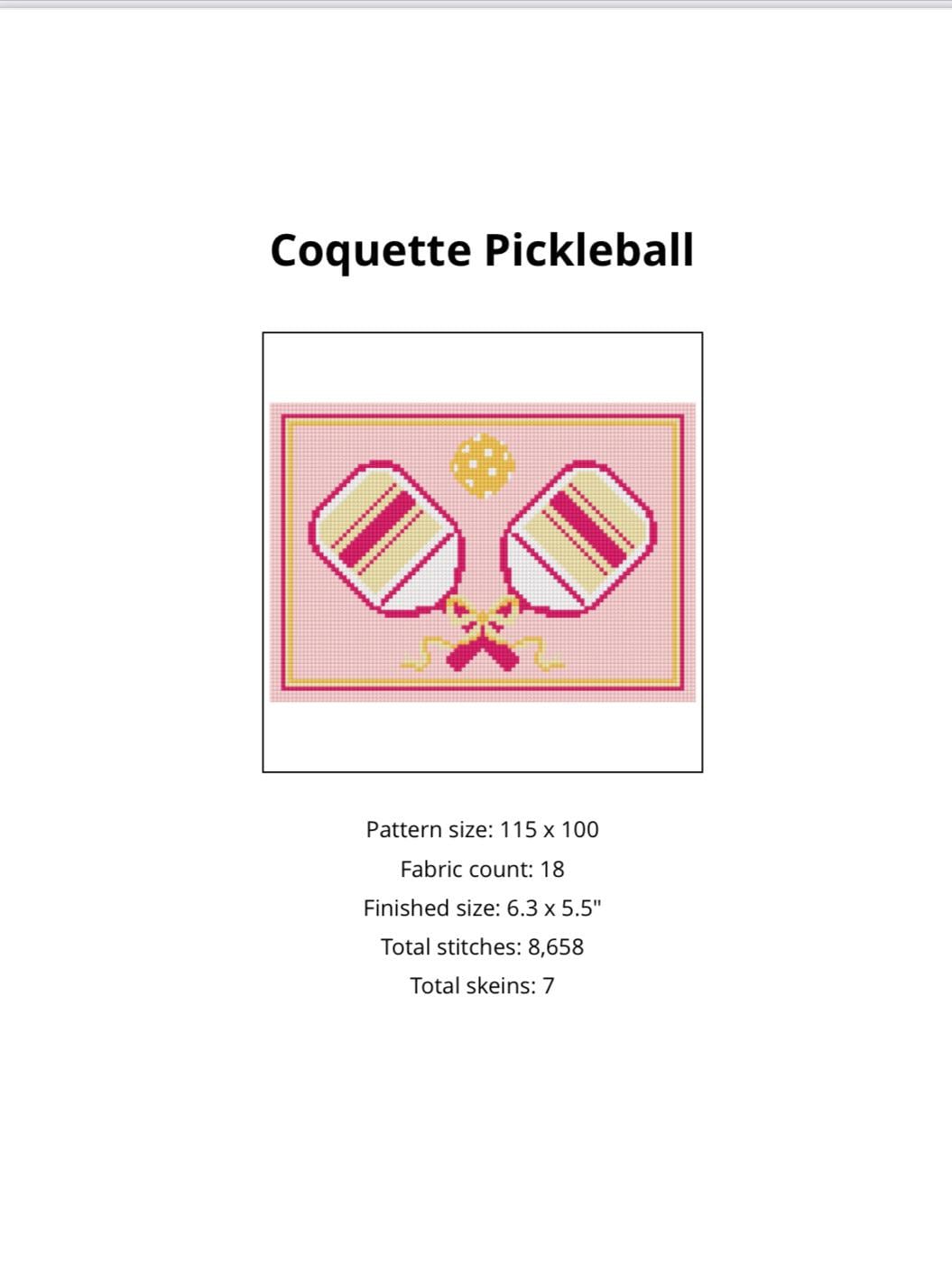 Coquette Pickleball Needlepoint Chart Pickleball Cross Stitch Pattern ...