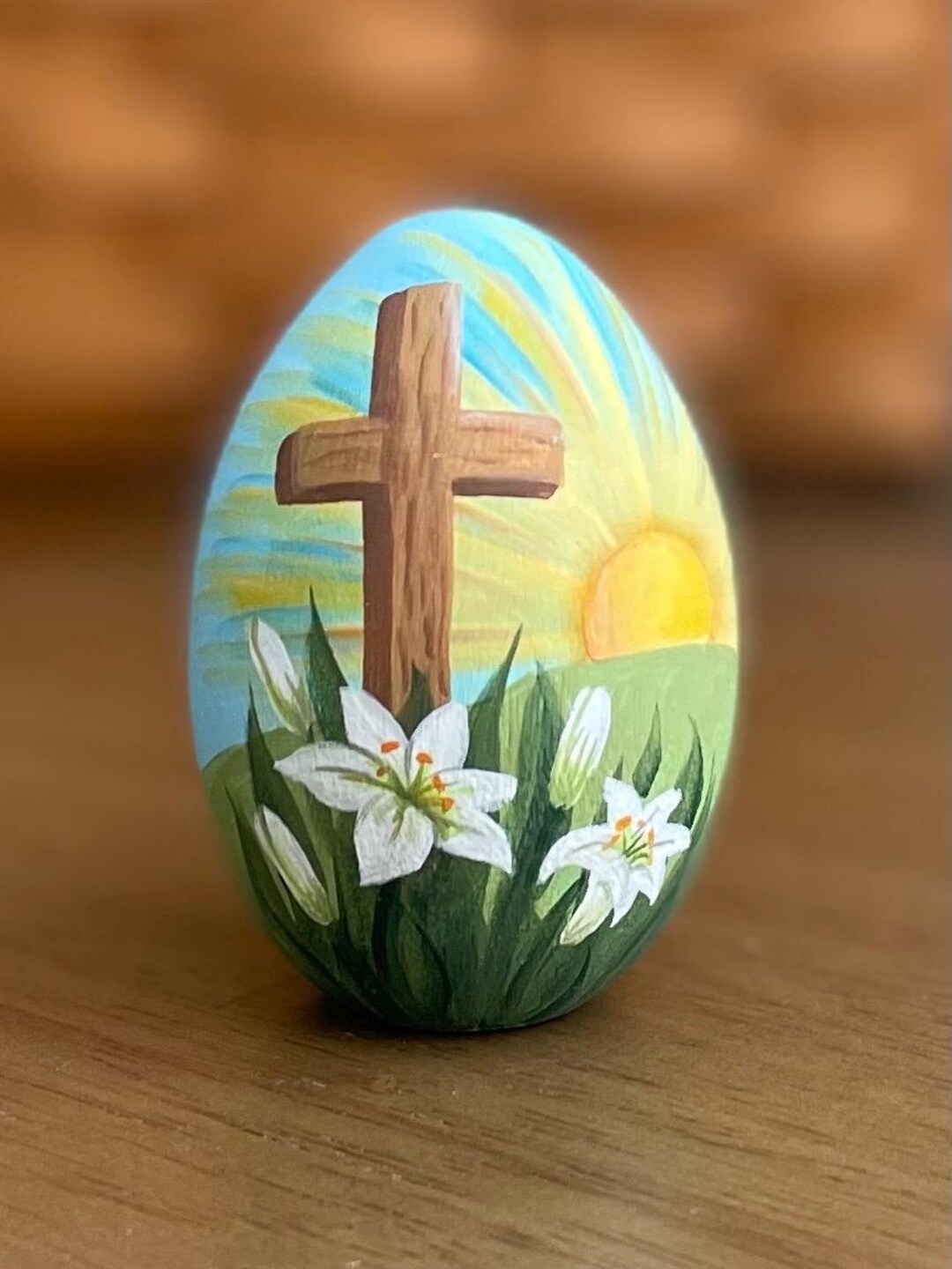 Cross, Sunrise , Easter Lily, Hand Painted Easter Cross Sunrise , Hand Painted Wood Egg, Easter ...