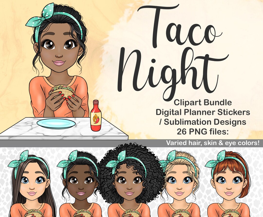 Taco Night Girl Clipart, Mexican Food Woman Digital Sticker, Hispanic ...