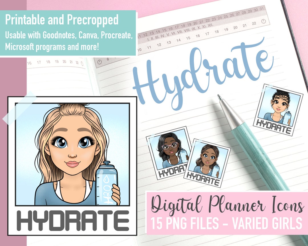 Cute Hydrate Mini Digital Planner Icons, Healthy Emoticon Girl PNG ...