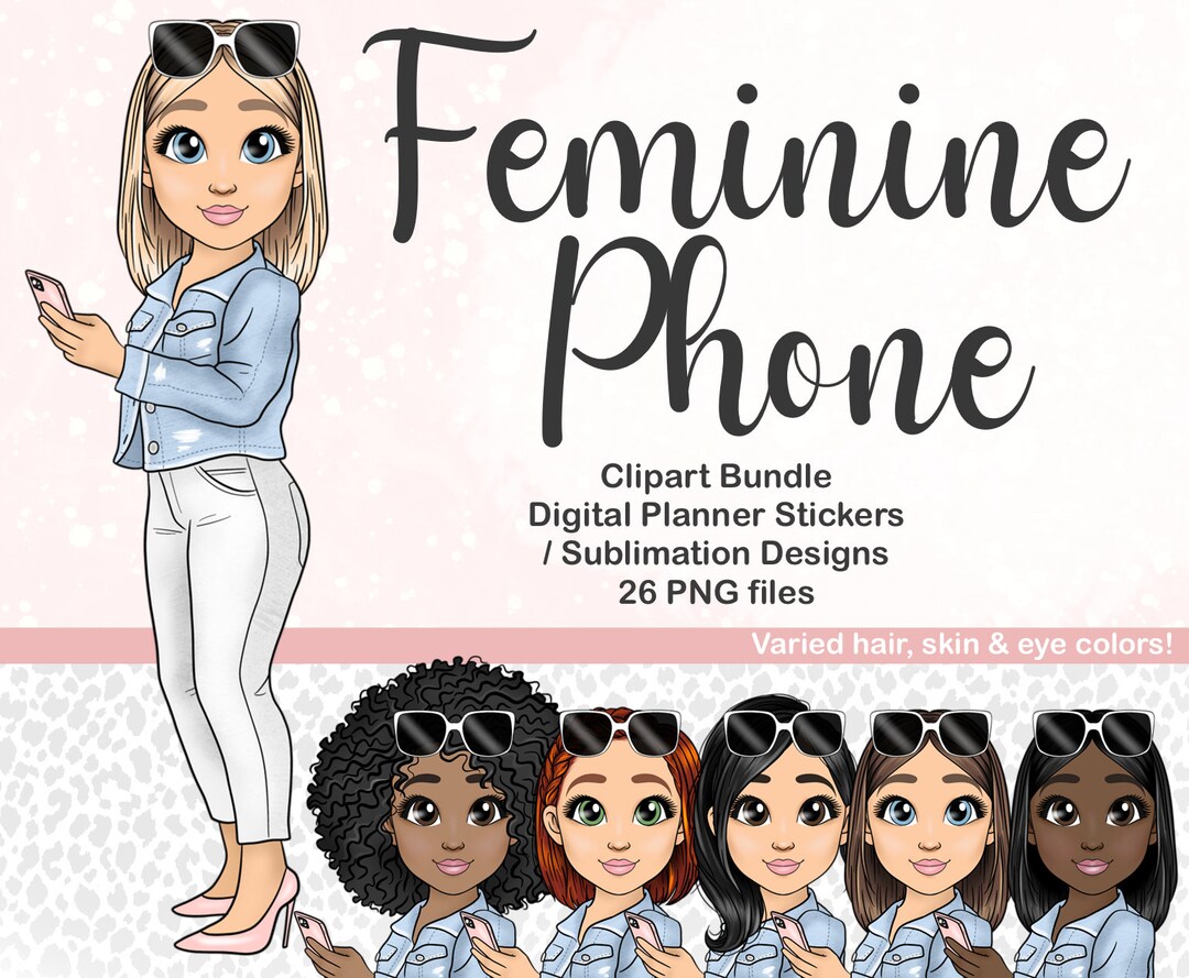 Girly Girl Boss Clipart, Kawaii Woman With Phone PNG, White Denim ...