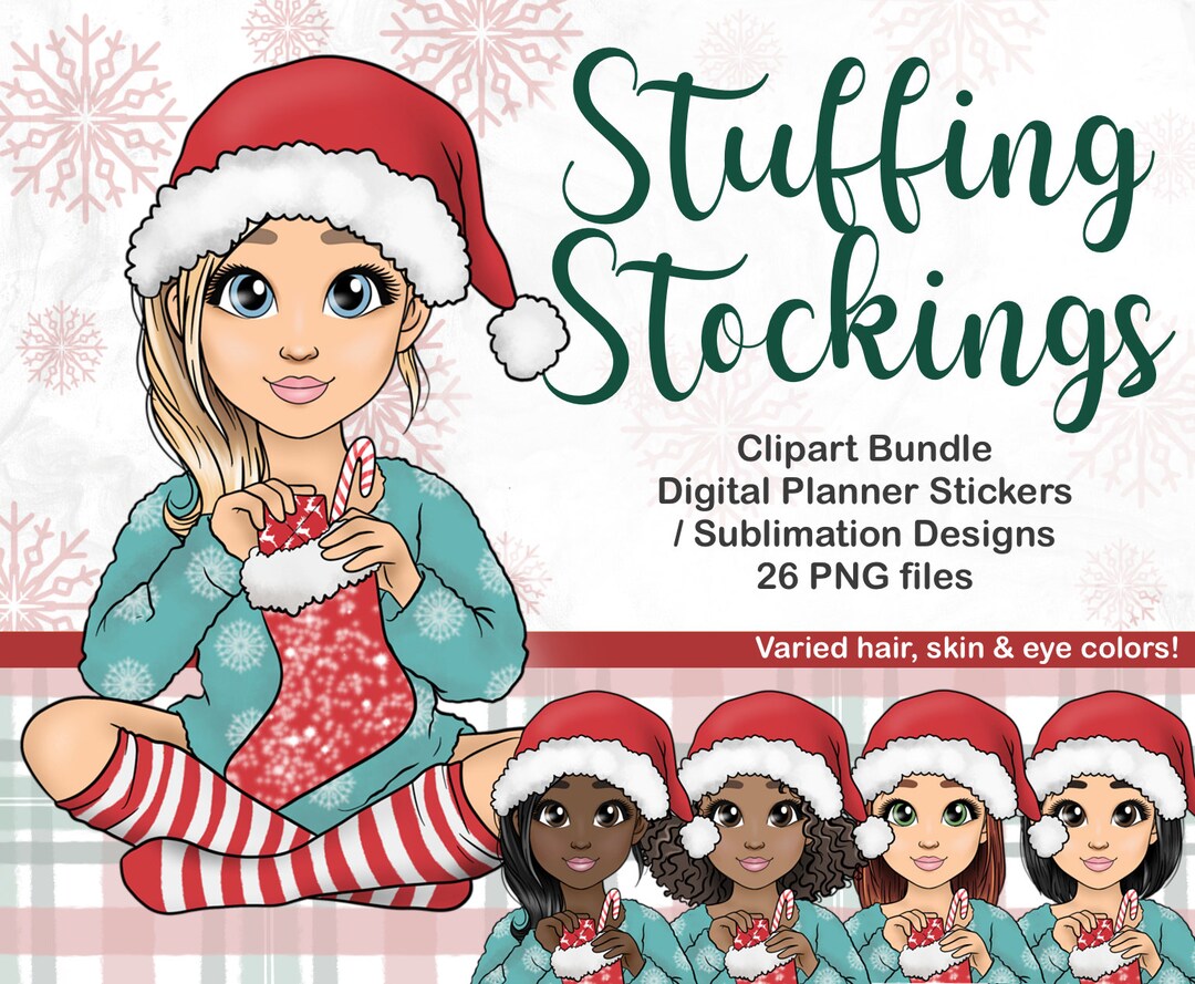 Cute Girl Stuffing Christmas Stockings PNG, Xmas Clipart Doll, Kawaii ...