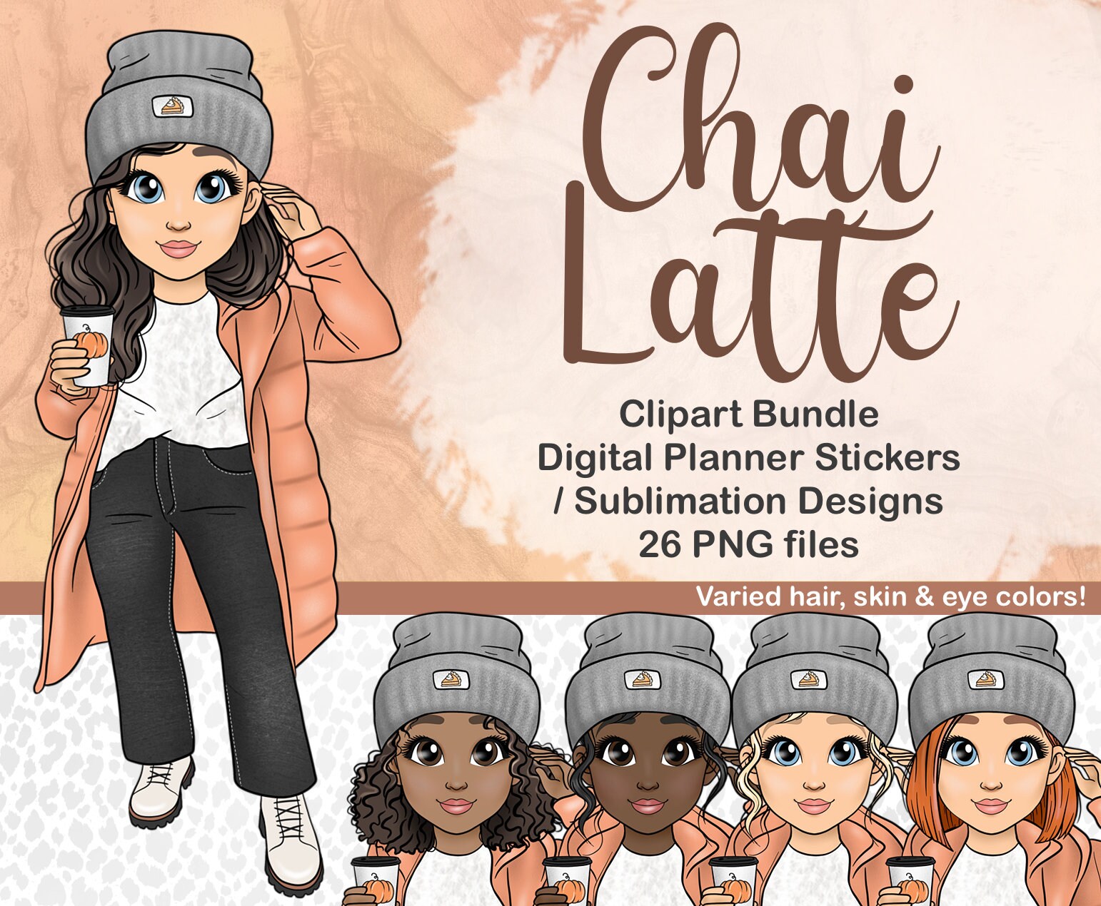 Girl Drinking Chai Latte Clipart Pumpkin Spice Latte Woman - Etsy