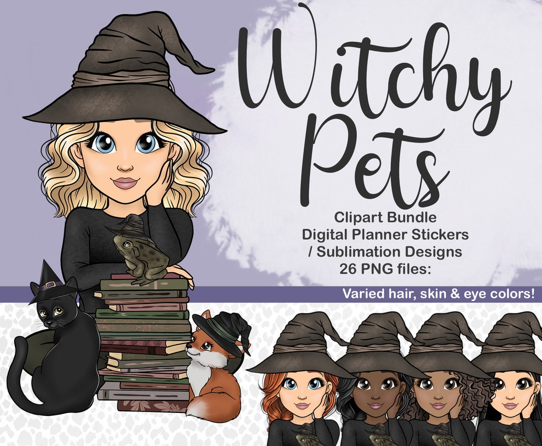 Hand Drawn Witchy Girl Toad Black Cat and Fox Clipart, Cute Books ...