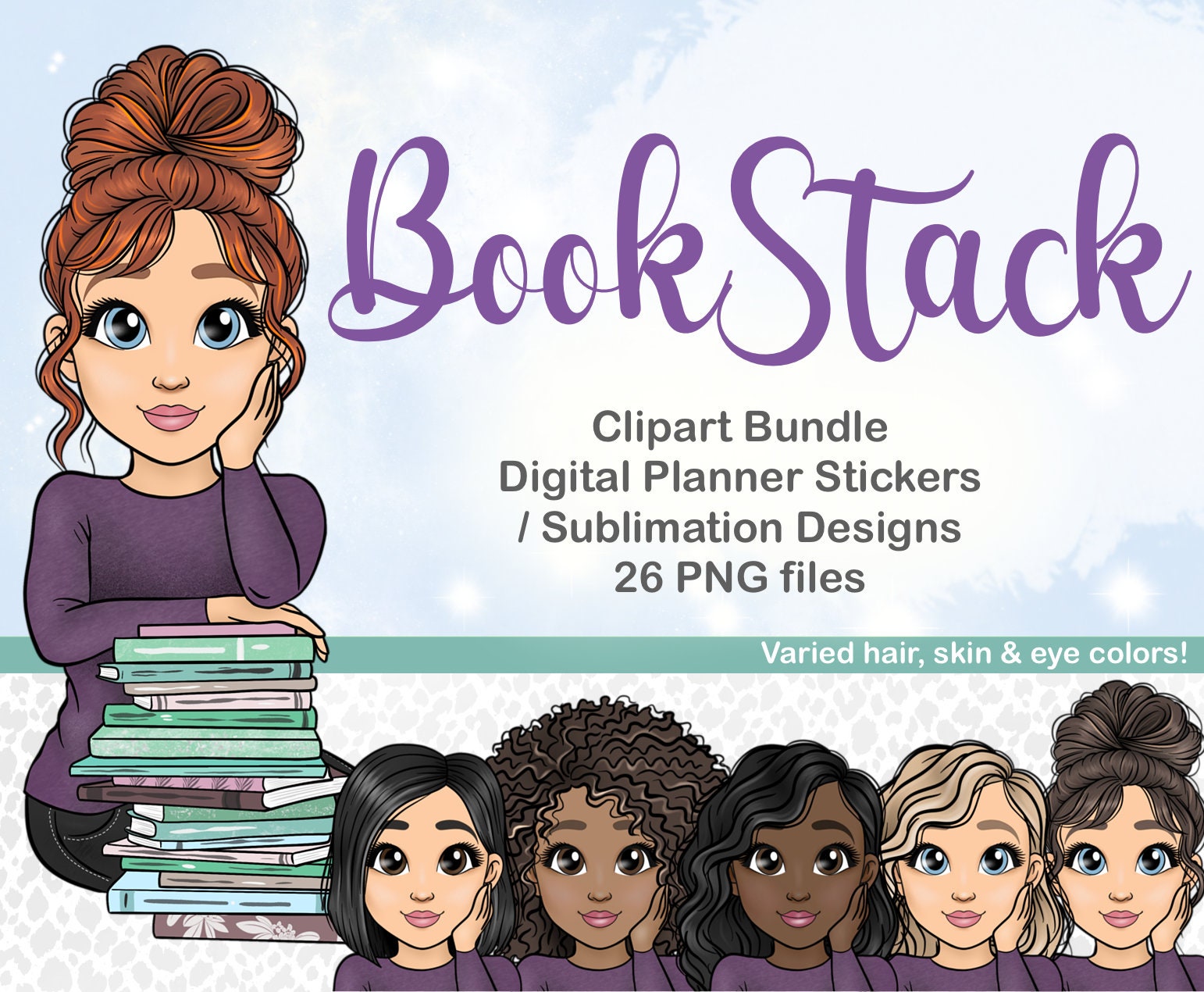 Book Stack Clipart Bookworm Girl Planner Files Goodnotes - Etsy