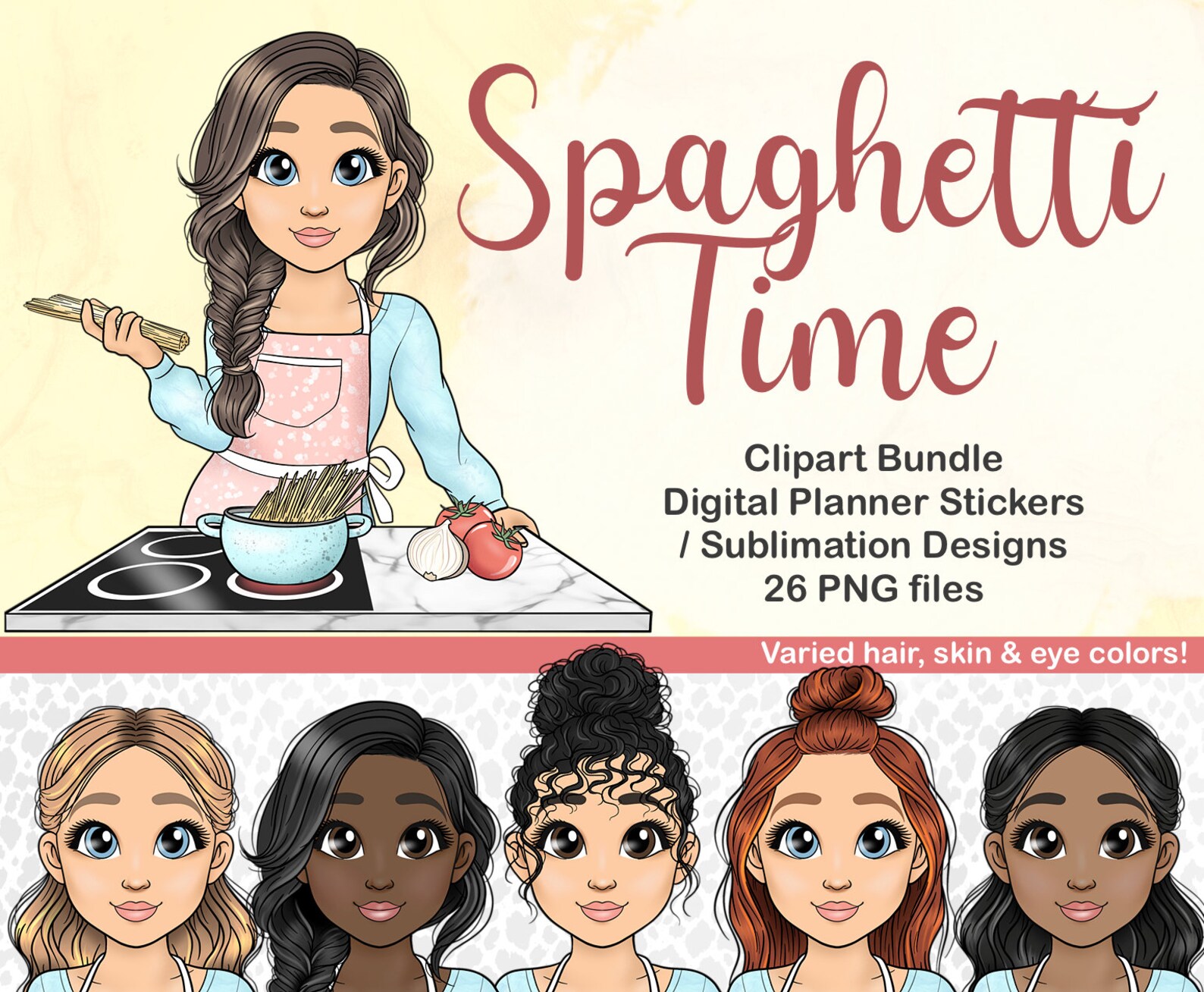 Girl Cooking Spaghetti Clipart Mom Making Pasta PNG Daily - Etsy
