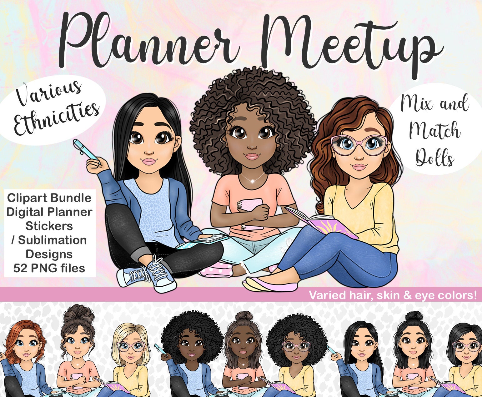 Planner Meetup Best Friends Clipart Cute Customisable Girls - Etsy UK