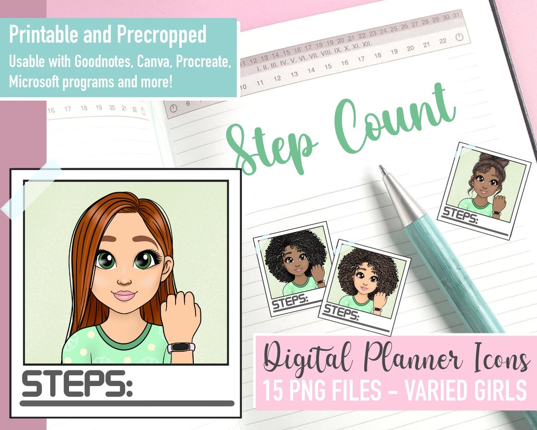 Steps Goal Mini Digital Planner PNG Icons, 10k Step Counter Walking ...