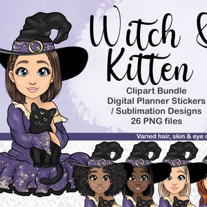 Cute Witch With Black Kitten Clipart, Black Cat Halloween PNG, Baby ...