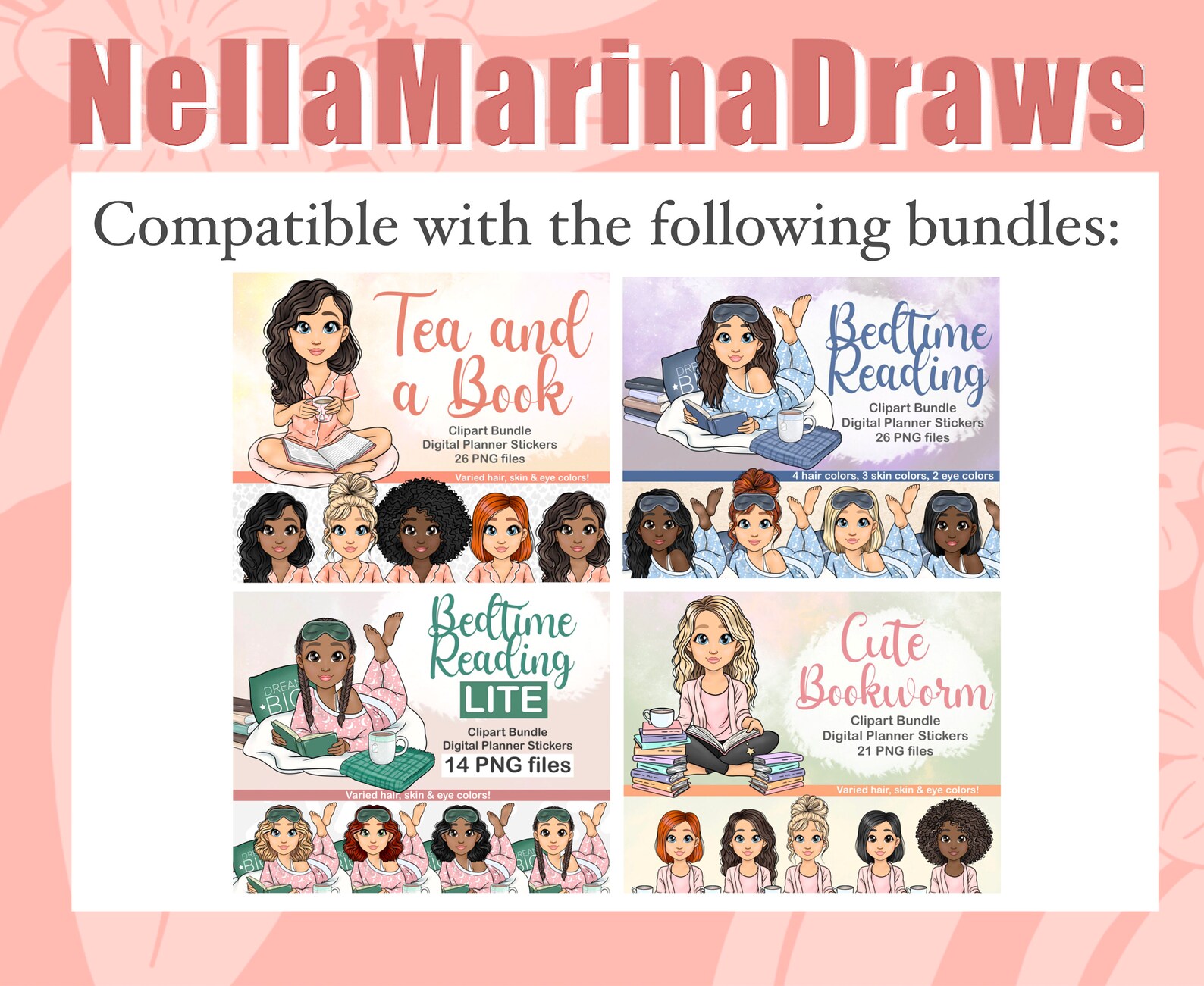 Bookworm Clipart Bundle Girl Reading Books Planner Clipart - Etsy