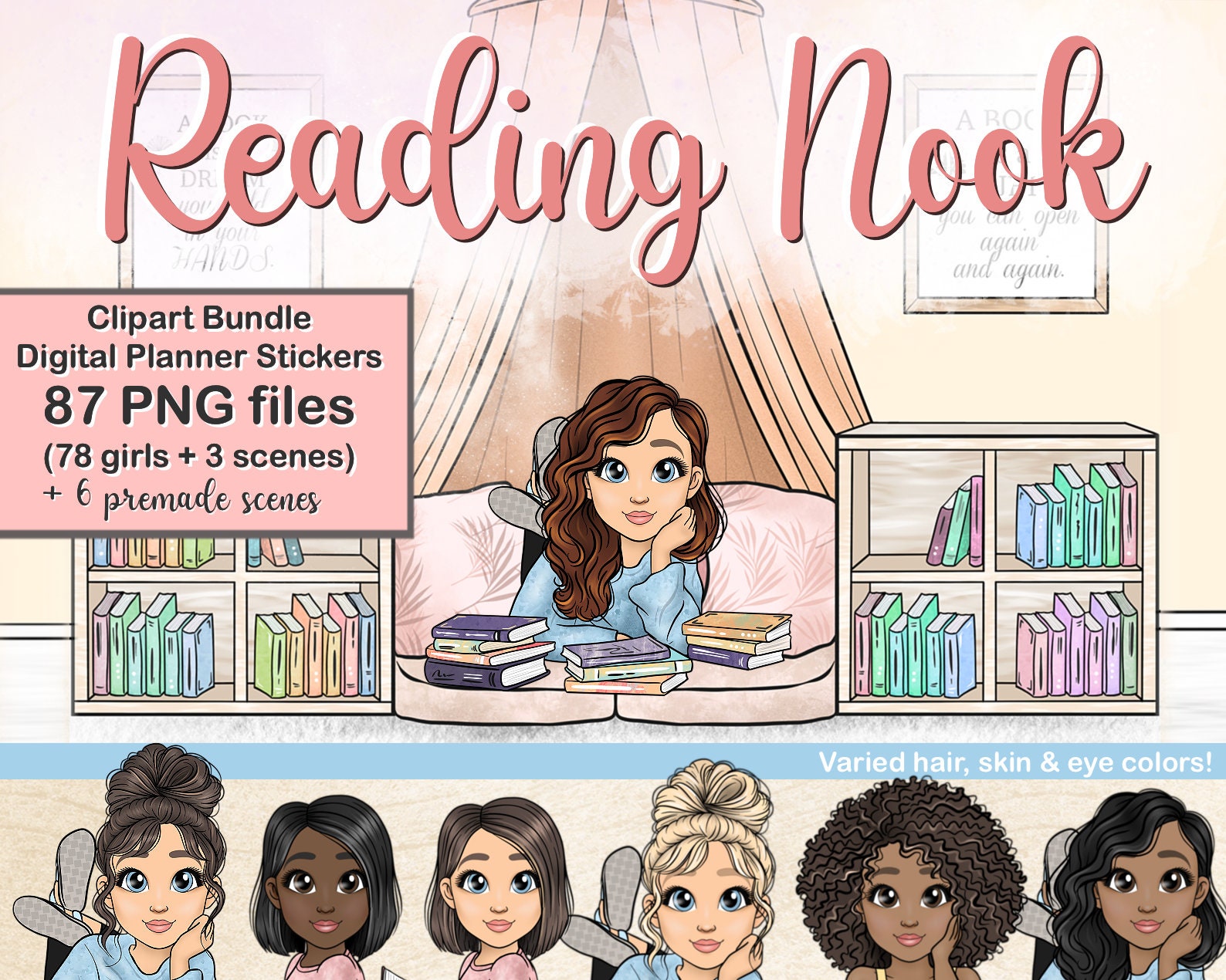 Bookworm Clipart Bundle, Girl Reading Books Planner Clipart Kit, Girl ...