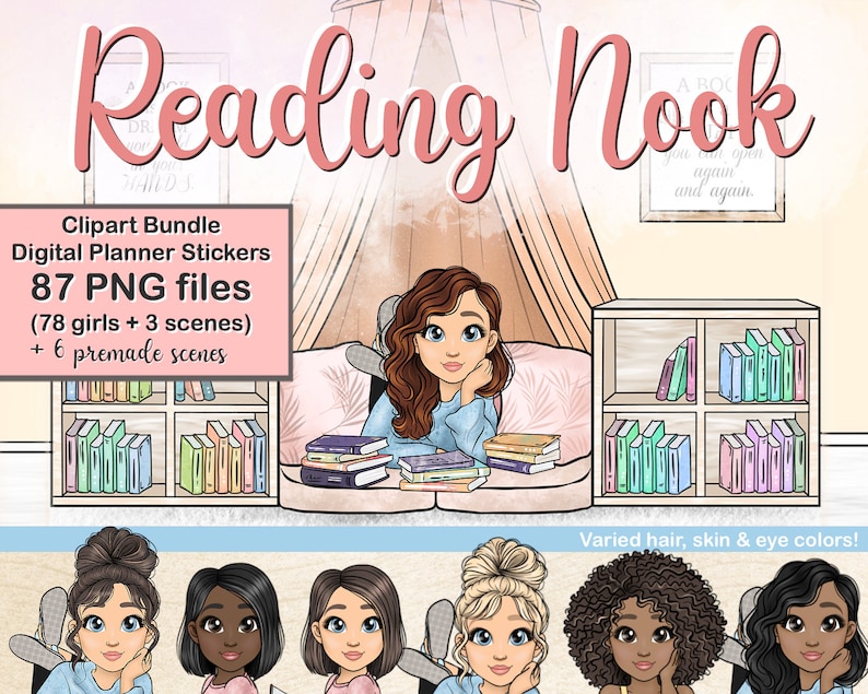 Bookworm Clipart Bundle Girl Reading Books Planner Clipart - Etsy