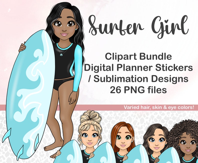Cute Surfer Girl Clipart, Kawaii Black Girl Beach PNG, Surf Board Woman ...