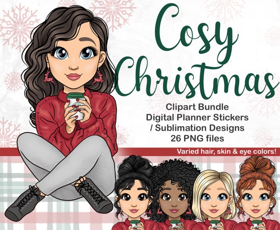 Cosy Christmas Girl Clipart Cute Xmas Doll PNG Festive Latte - Etsy