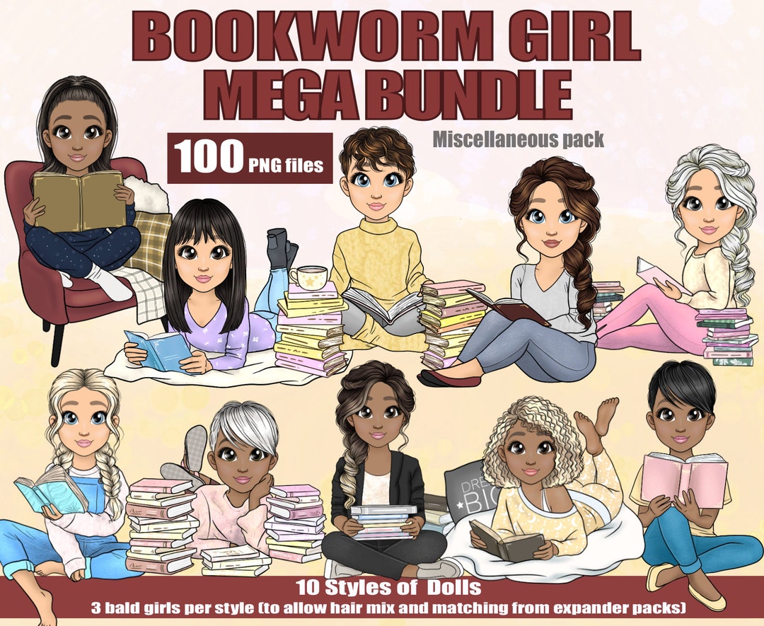 Bookworm Clipart, Kawaii Reading Girl PNG, Cute Book Chibi Digital ...