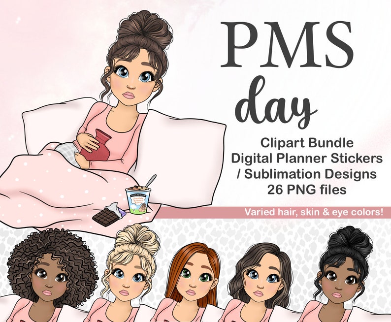 PMS Sick Day Clipart, Cute Period Cramps Girl PNG, Kawaii Menstruation ...