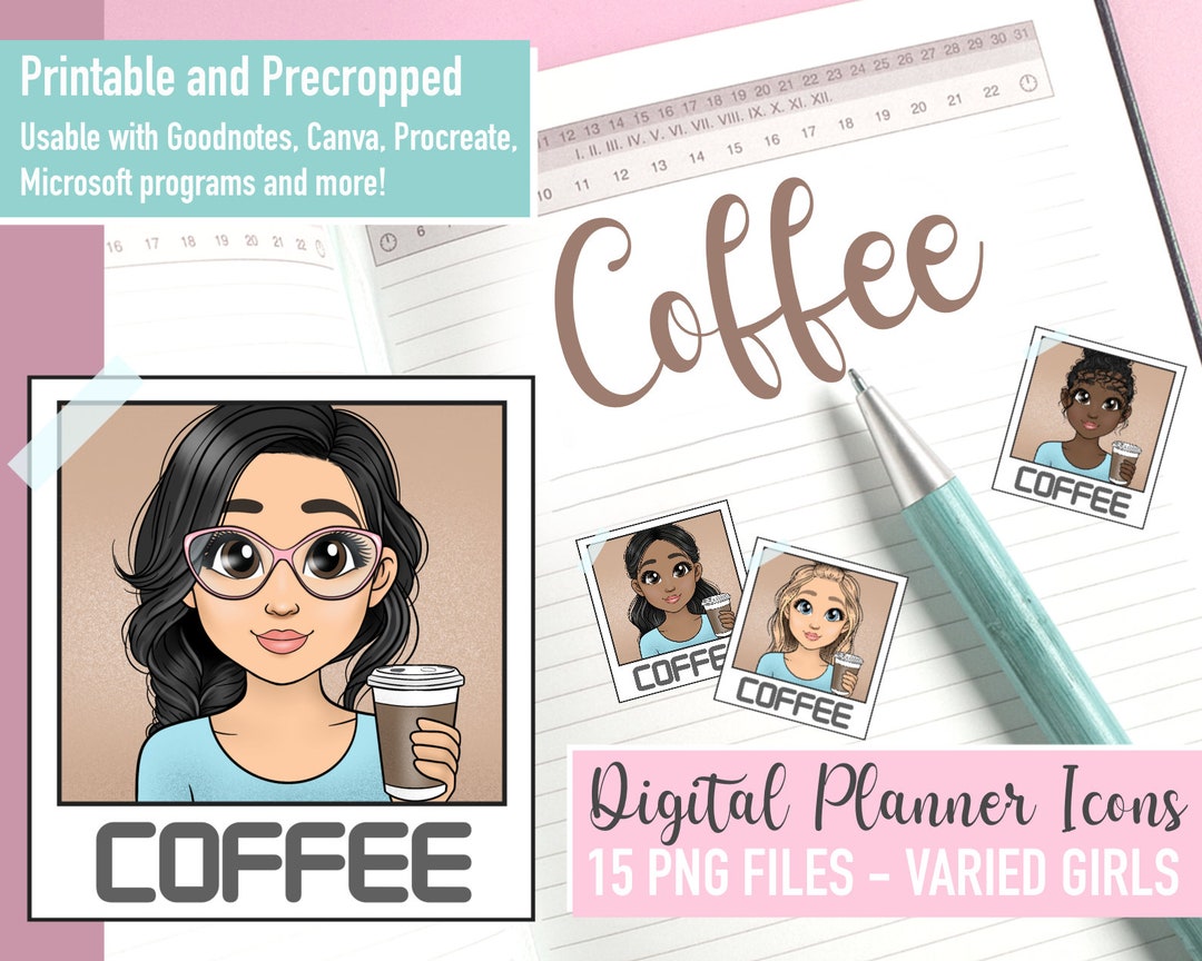 Coffee Mini Digital Planner PNG Icons, Cafe Emoticon Girl PNG Files ...
