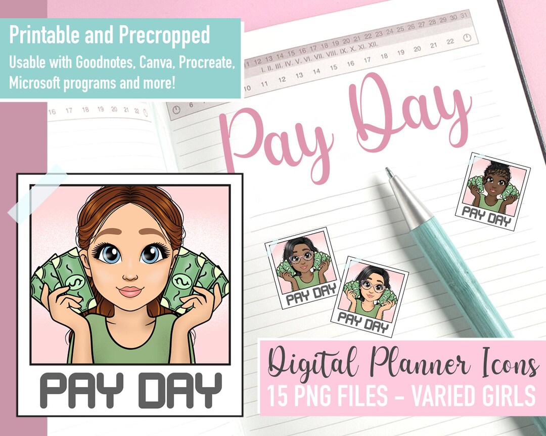 Pay Day Mini Digital Planner PNG Icons, Financial Emoticon Girl PNG ...