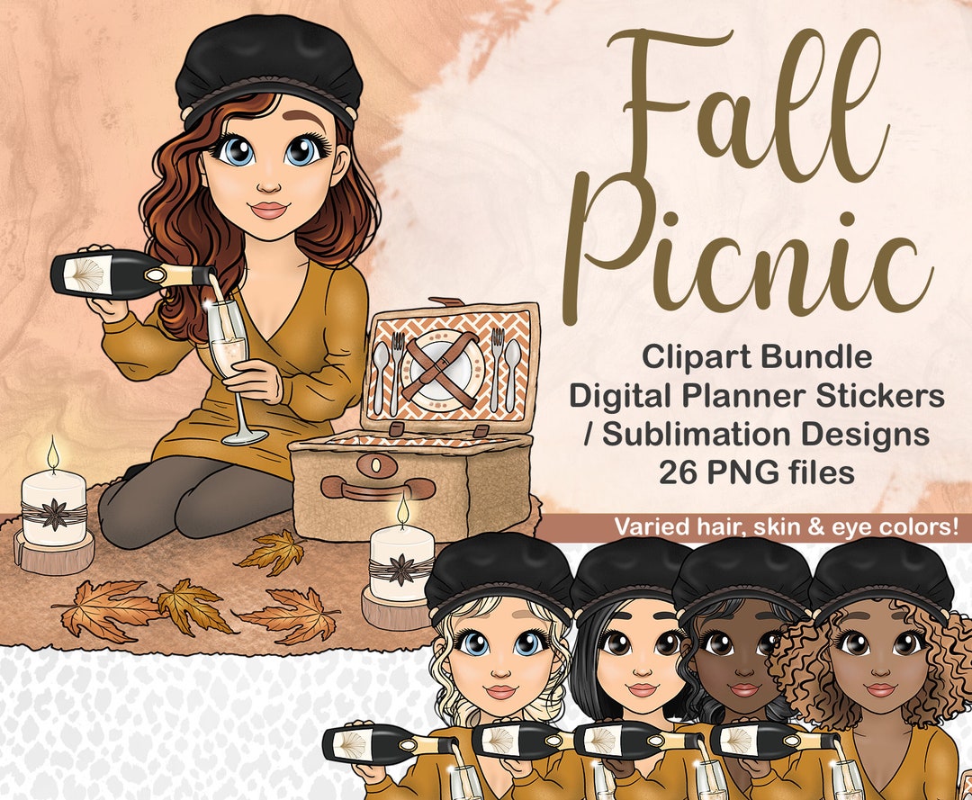 Handdrawn Fall Picnic Girl Clipart, Autumnal Woman With Champagne ...
