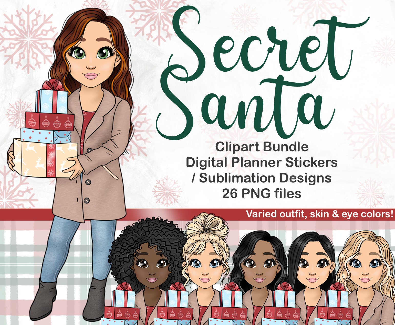 Secret Santa Girl With Gifts PNG, Christmas Digital Planner Holiday ...