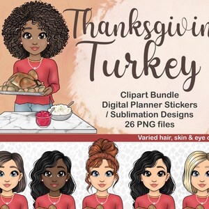 Thanksgiving Girl Clipart, Roast Turkey PNG, Fall Digital Planner ...