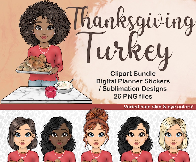 Thanksgiving Girl Clipart, Roast Turkey PNG, Fall Digital Planner ...