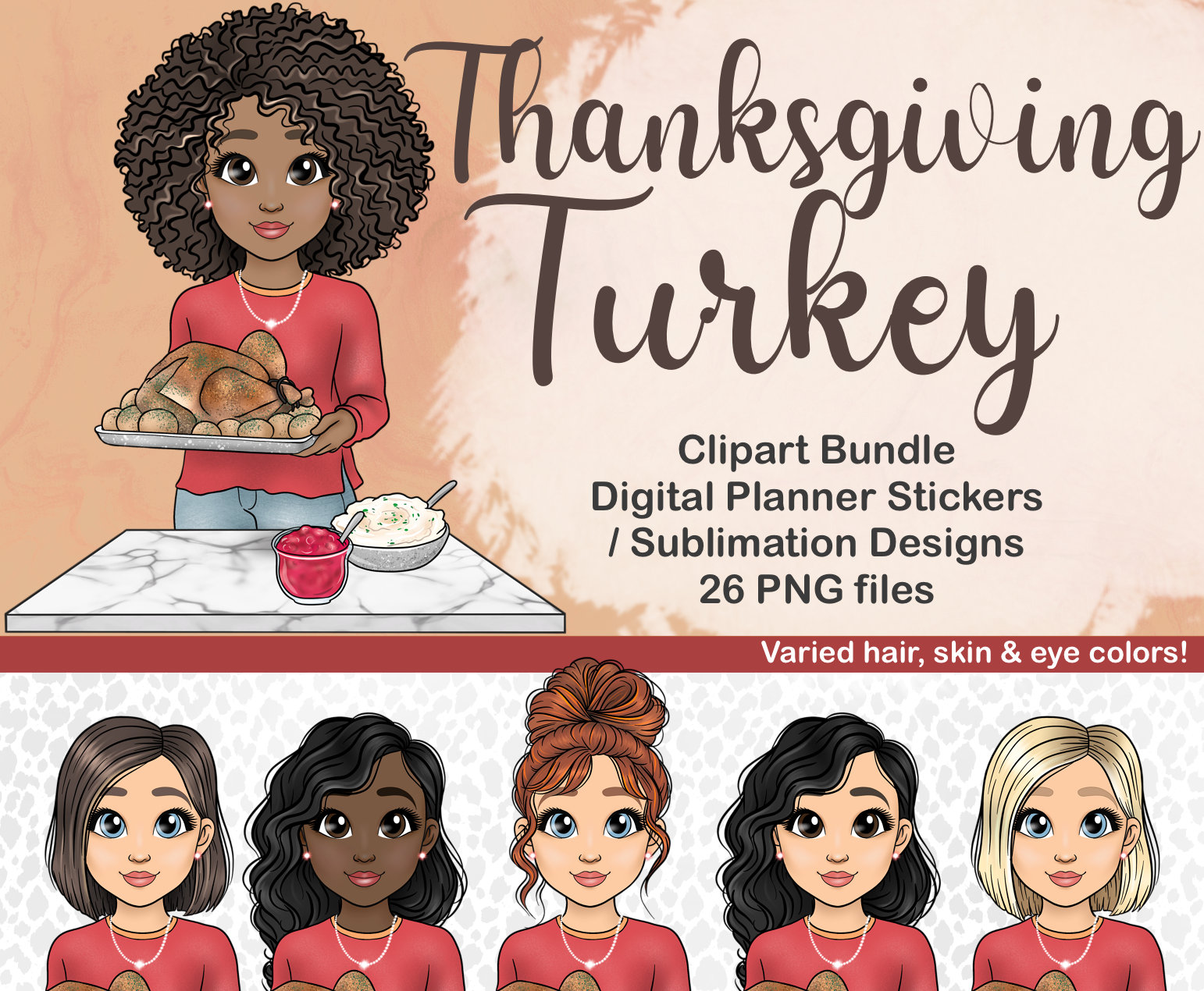 Thanksgiving Girl Clipart Roast Turkey PNG Fall Digital - Etsy