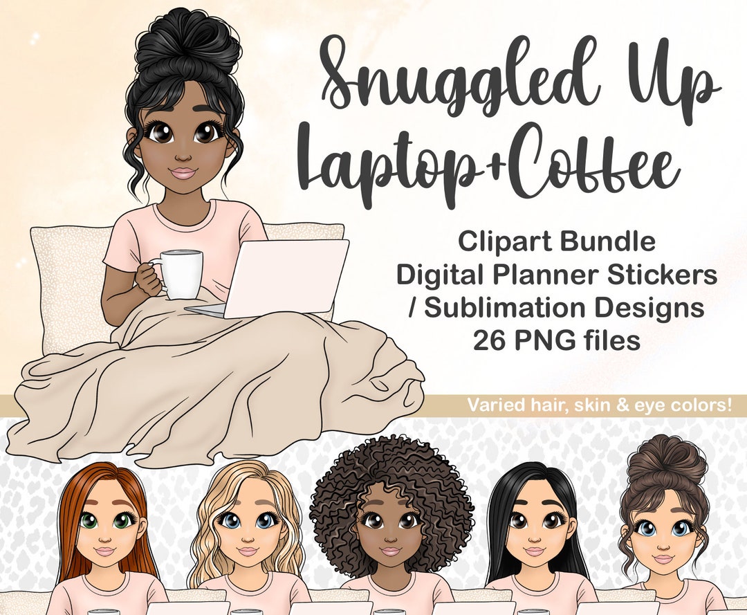 Kawaii Comfy Chibi With Coffee PNG, Cute Cosy Laptop Black Girl Clipart ...