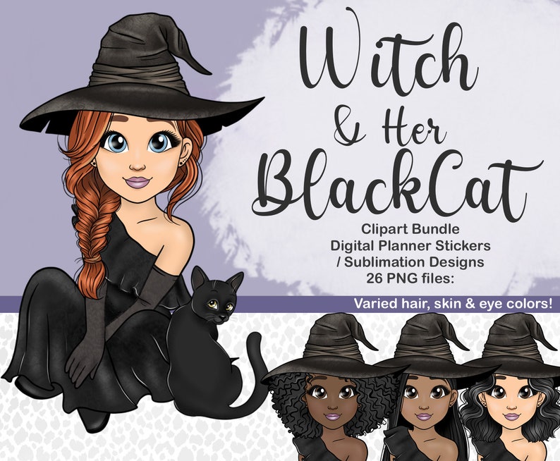 Witchy Girl With Black Cat PNG Halloween Clipart Cute Wicca - Etsy Canada