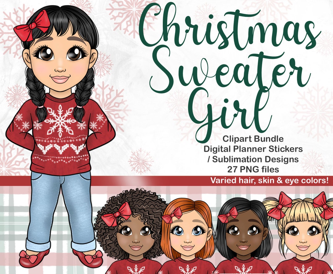 Cute Christmas Sweater Girl Clipart, Cosy Young Schoolgirl PNG, Kawaii ...