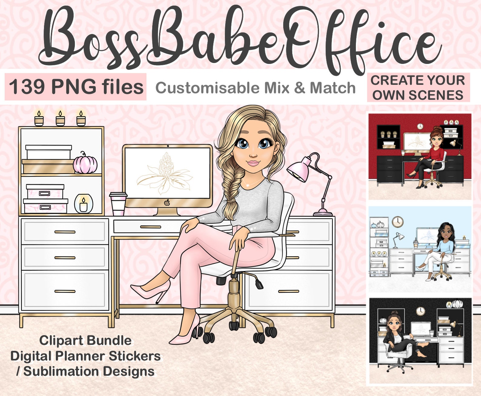 Boss Babe Office Clipart, Customisable Girl Boss PNG Bundle ...