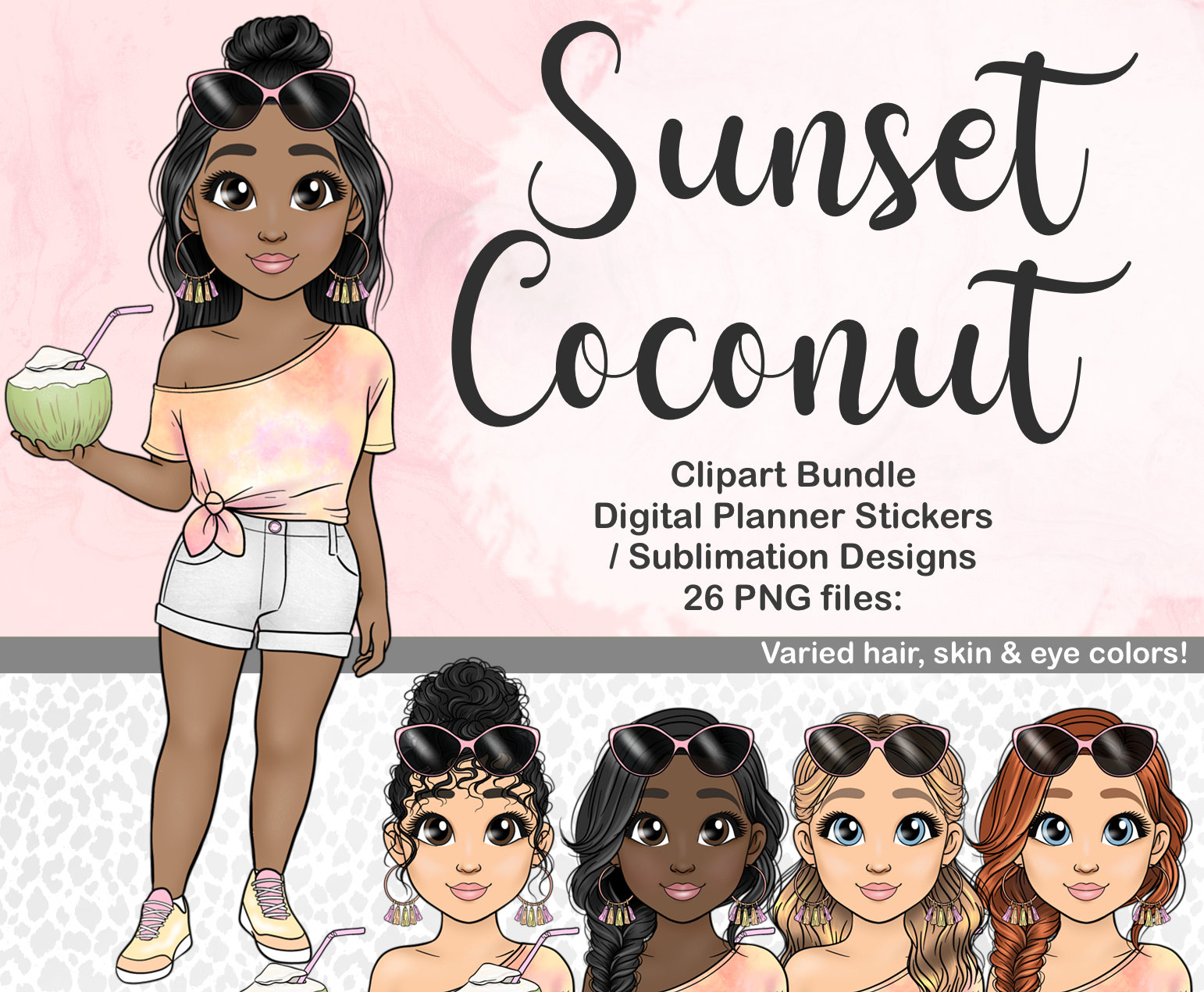 Sunset Coconut Girl Clipart Summer Vibes PNG Tropical - Etsy