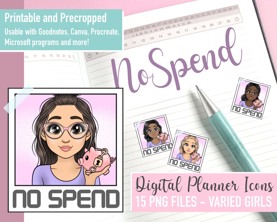No Spend Mini Digital Planner PNG Icons, Finance Emoticon Girl PNG ...