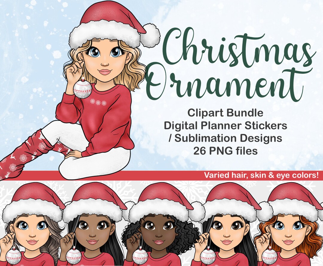 Cute Girl in Santa Hat Holding Christmas Tree Ornament Clipart, Cosy ...