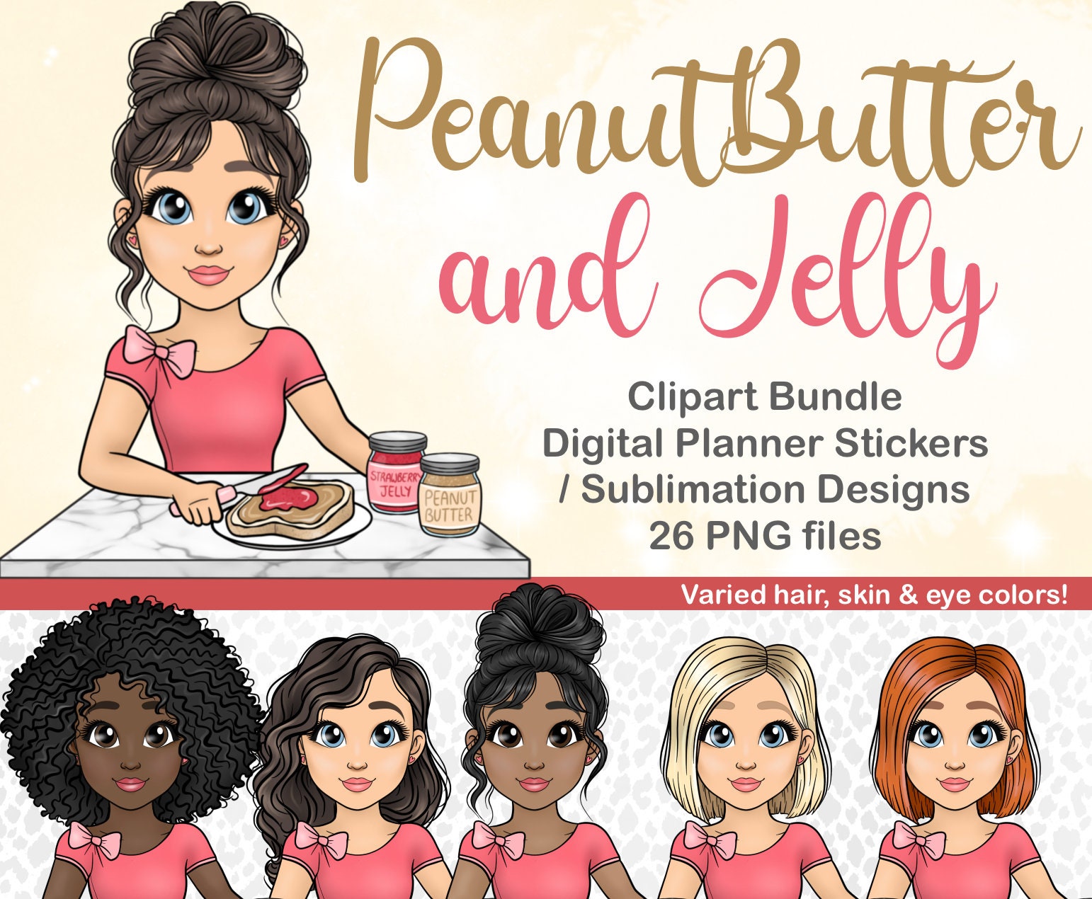 Peanut Butter Jelly Girls Clipart, Cute Mom Planner Stickers (PNG) - Etsy