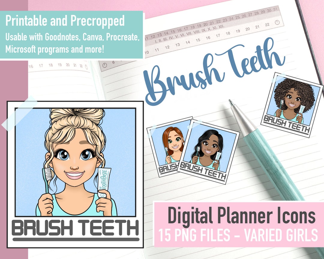 Brush Teeth Mini Digital Planner PNG Icons, Toothpaste Emoticon Girl ...