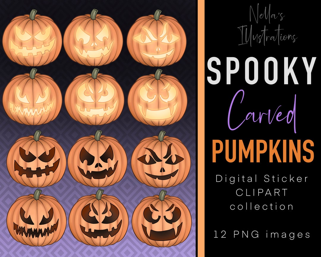 Halloween Clipart, Spooky Pumpkin PNG, Printable Stickers, Carved ...