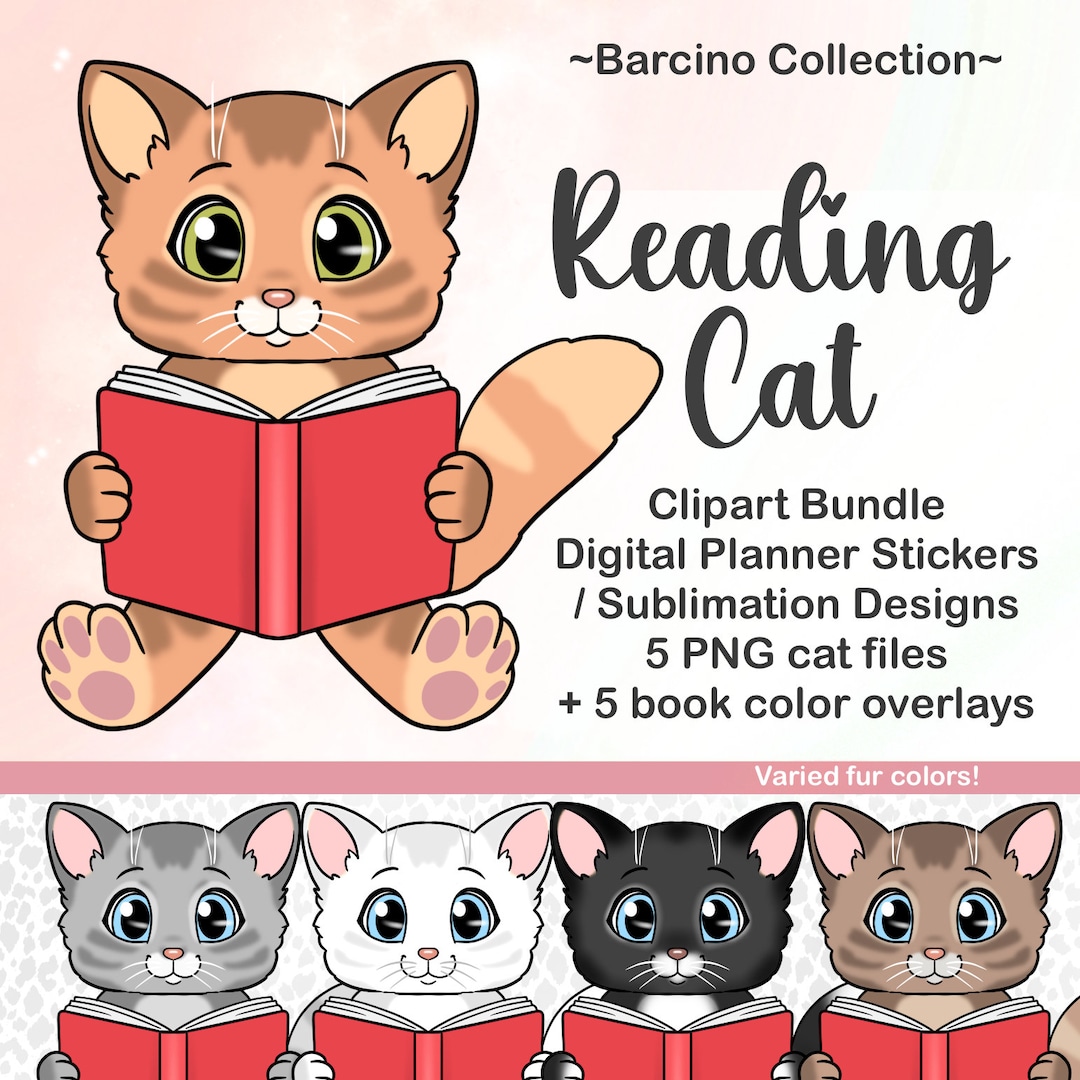 Reading Cat Clipart, Kitten With Book PNG Printable Sticker, Cute ...