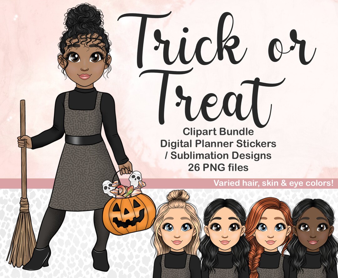 Trick or Treat Halloween Clipart Girls October Spooky Candy - Etsy