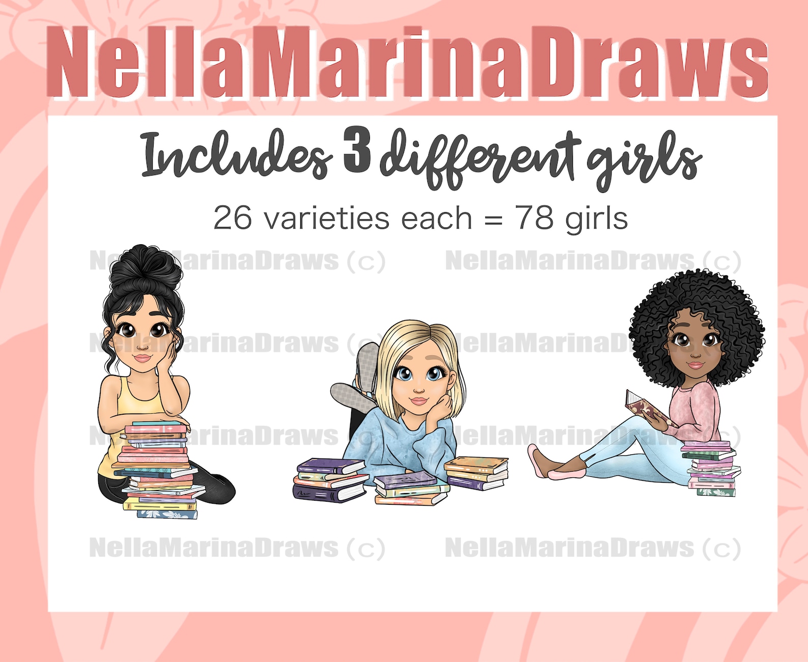 Bookworm Clipart Bundle, Girl Reading Books Planner Clipart Kit, Girl ...