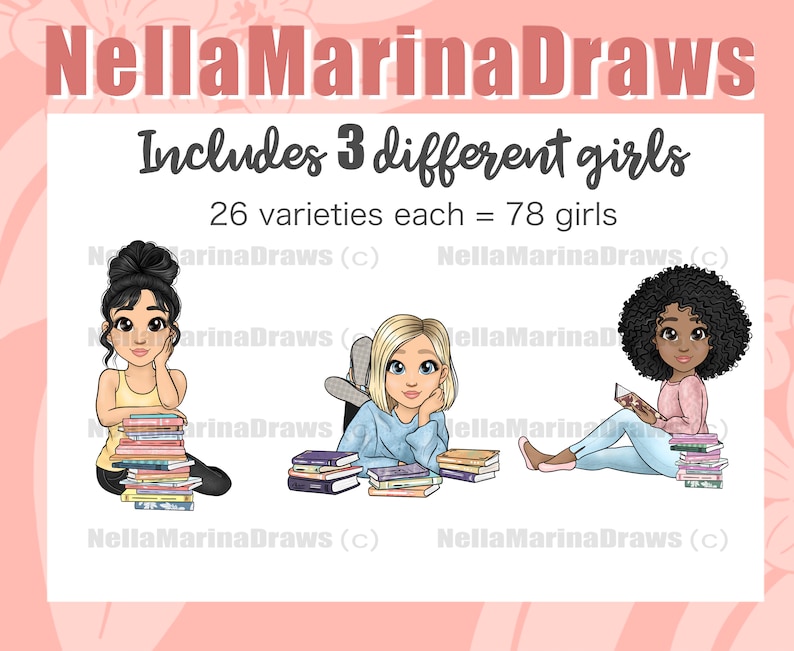 Bookworm Clipart Bundle Girl Reading Books Planner Clipart - Etsy