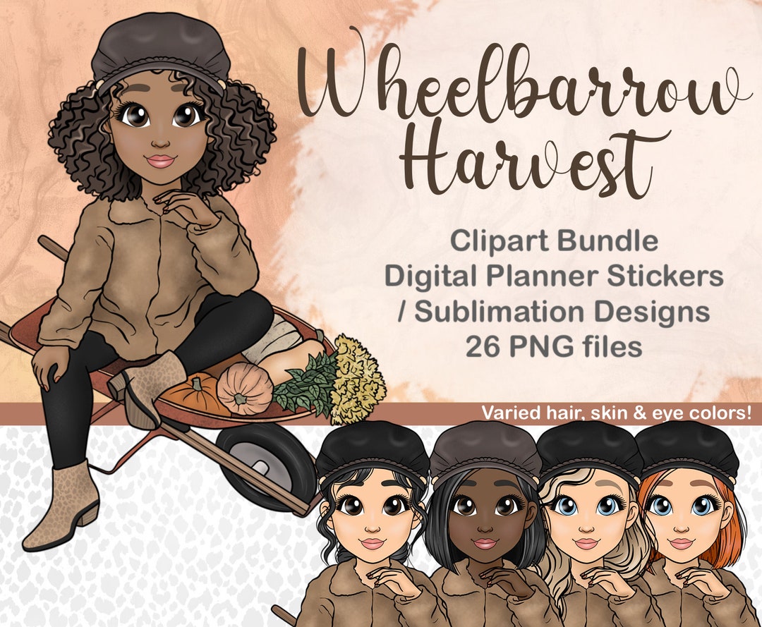 Fall Harvest Girl in Wheelbarrow Clipart, Autumnal Pumpkin and Gourd ...