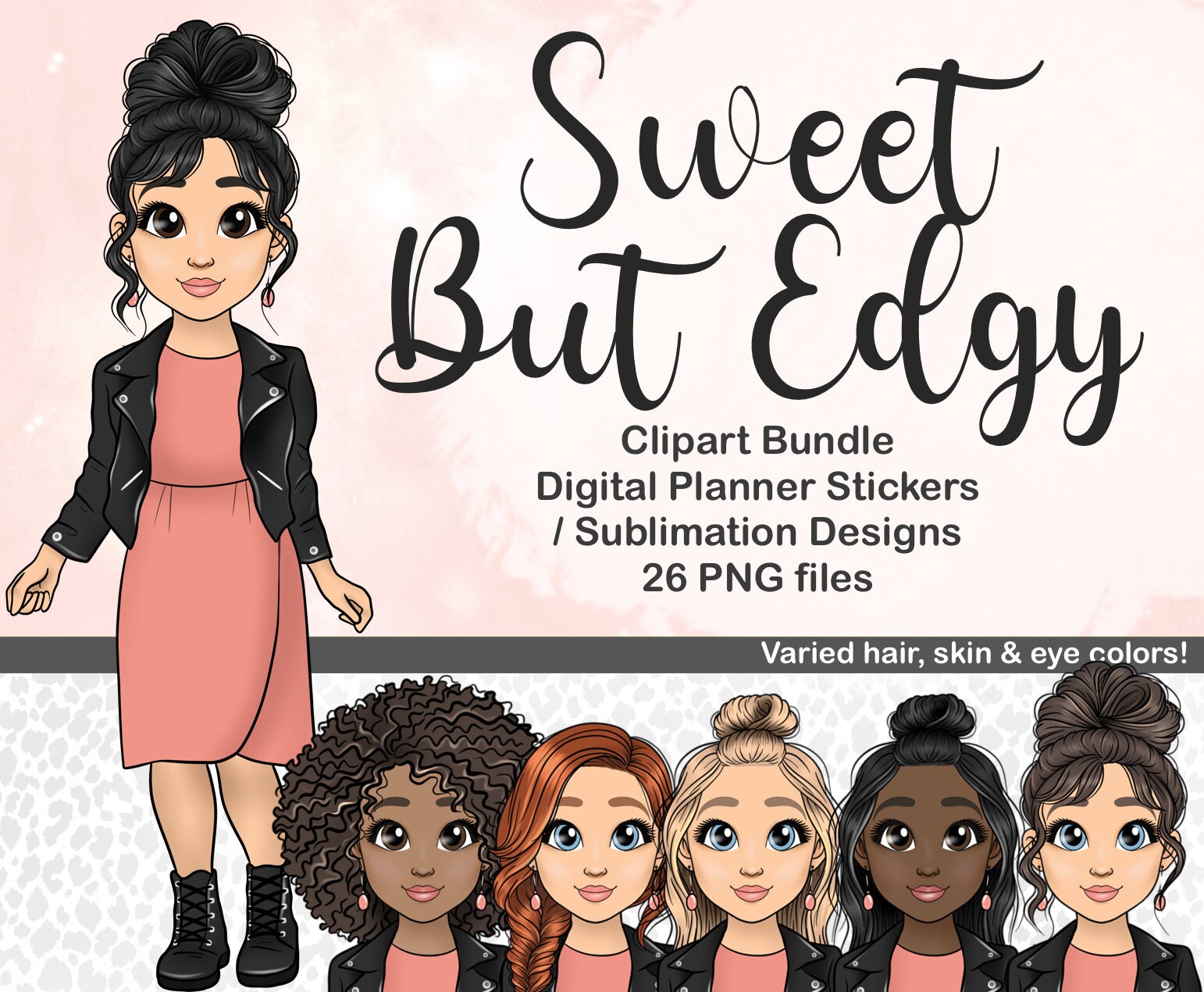 Sweet Edgy Fashion Doll Clipart Kawaii Chibi Girl in Leather - Etsy